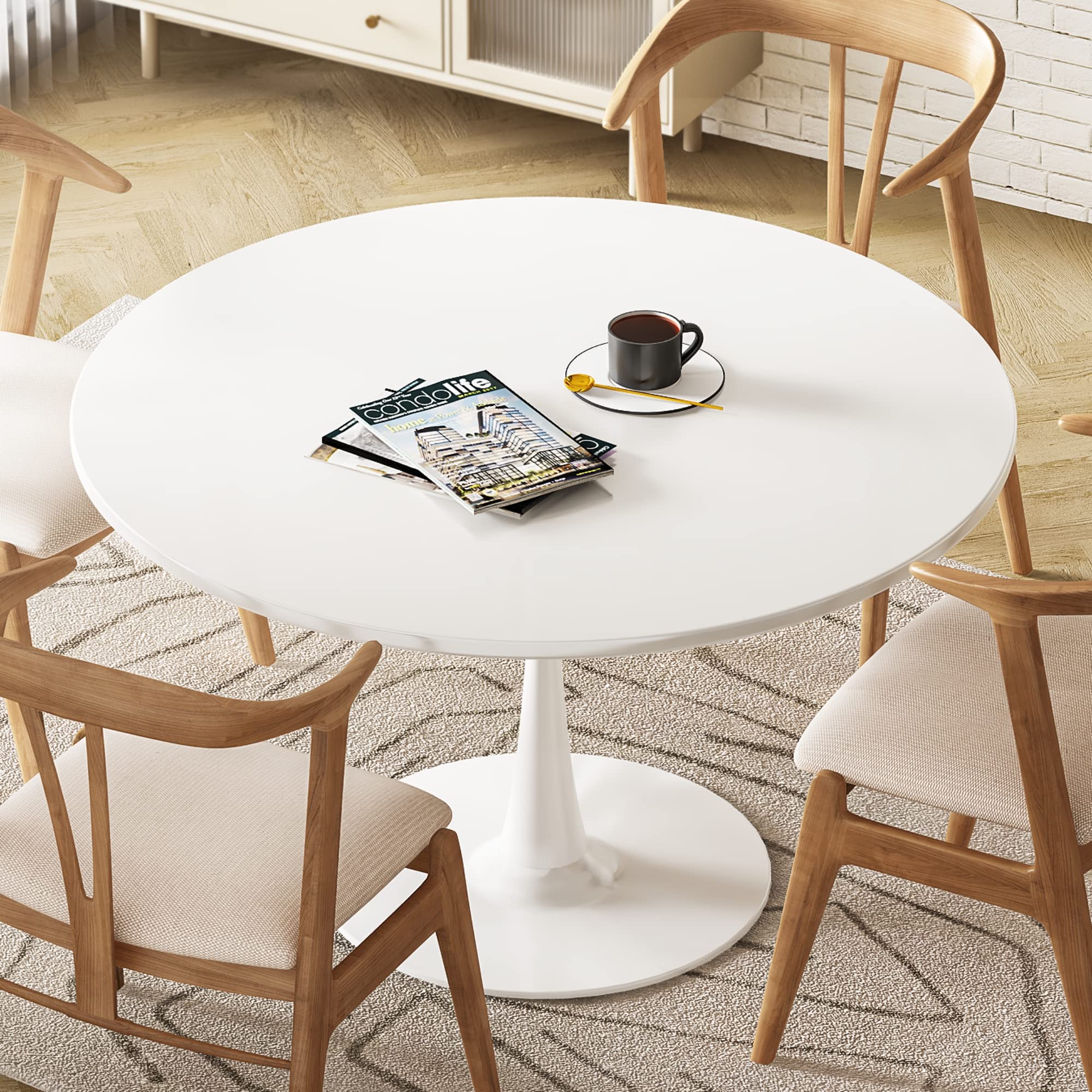 DKLGG White Round Dining Table, 42.1" Tulip Table Kitchen Dining Table 4-6 People with MDF Table Top & Pedestal Base, Mid-Century End Table Leisure Coffee Table Office Living Room Table