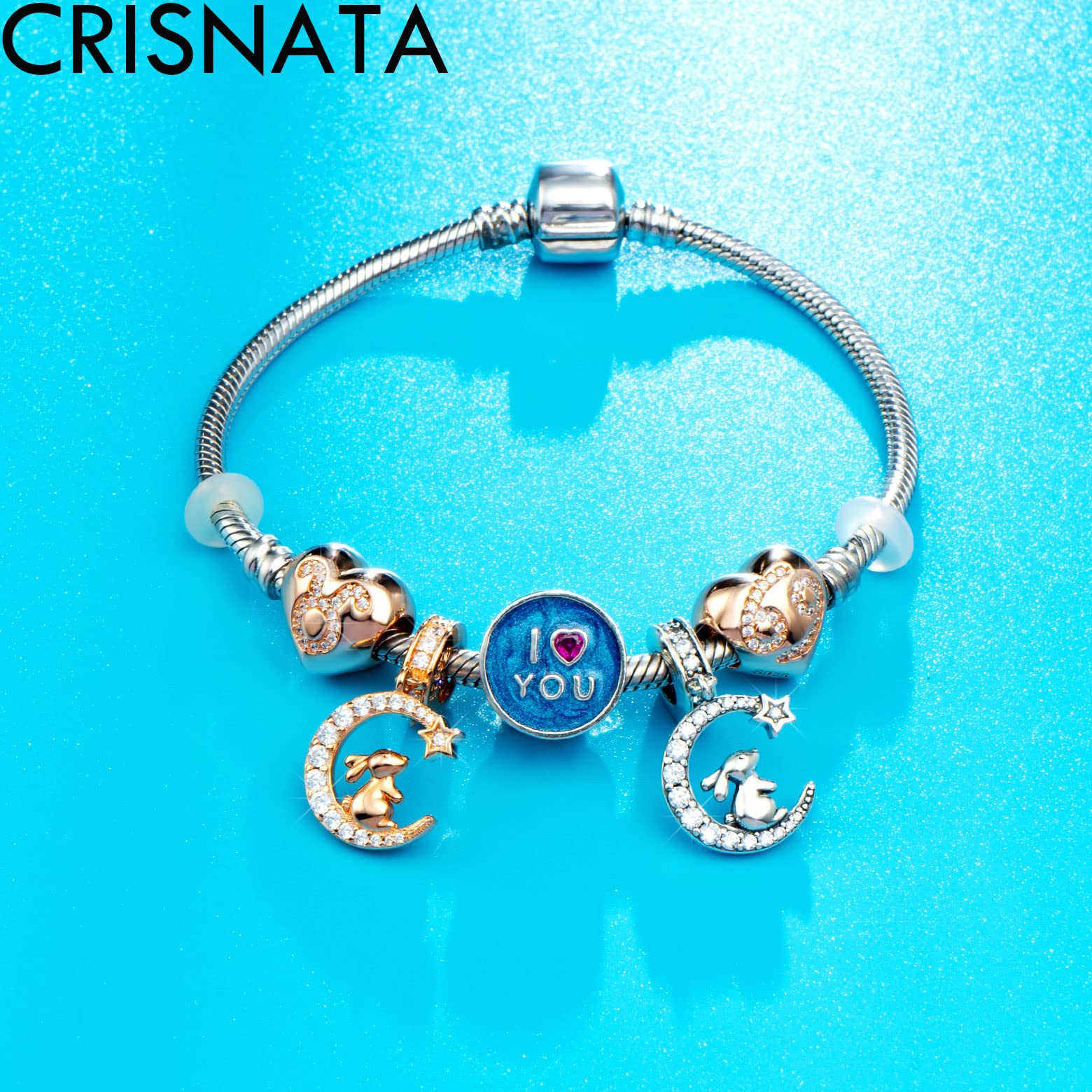 Dangle Bunny on Crescent Moon Star Charms, Fit Pandora Easter Bracelet Animal Necklace, 925 Sterling Silver Rabbit Pendant Beads with Sparkling CZ, Gift for Birthday/Wife