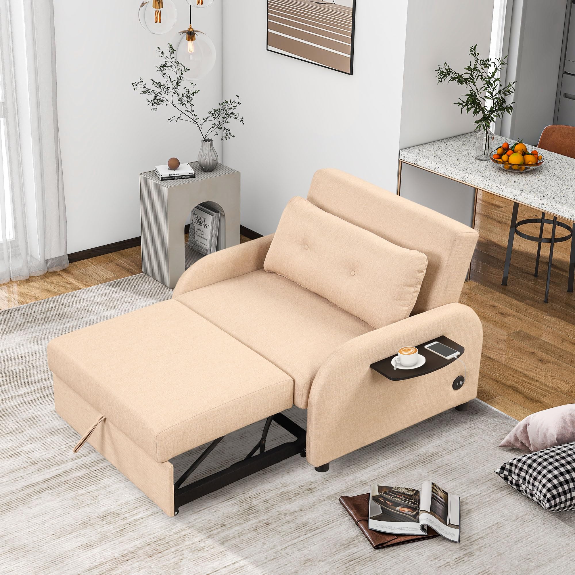 Merax Convertible PU Leather Sleeper Sofa Bed, 51" Modern Adjustable Pull Out Bed Lounge Chaise Oversized Armchair with 2 Side Pockets for Home Office