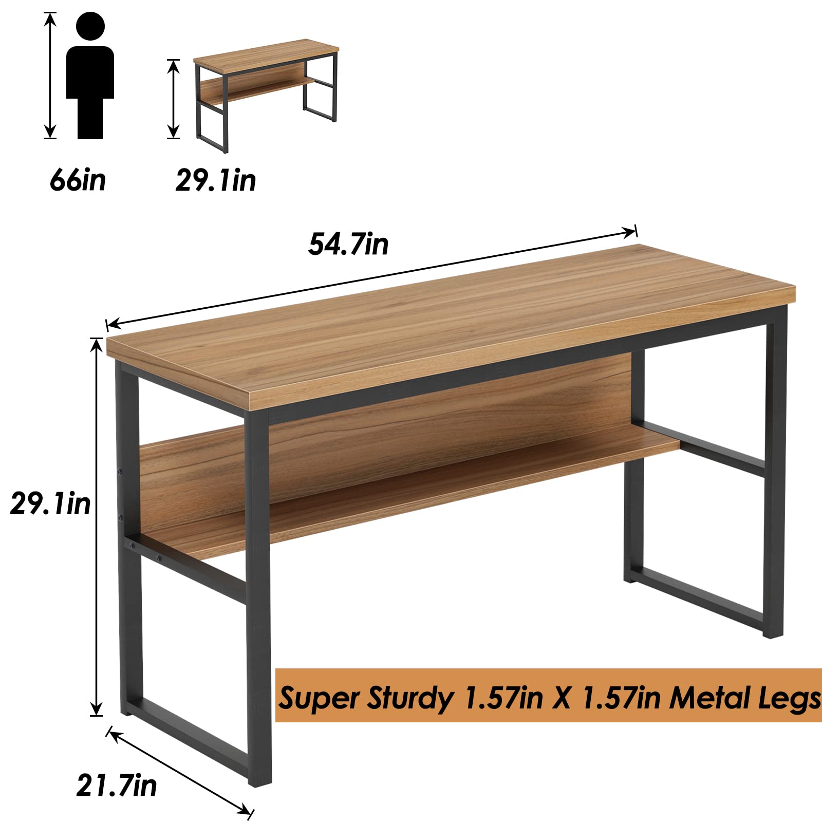 DlandHome 55 inch Computer Desk with Storage Shelf Underneath, Office Trestle Desk Desk, Writing Table Workstation Table with Bookshelf for Home Office, LD-JB01OK