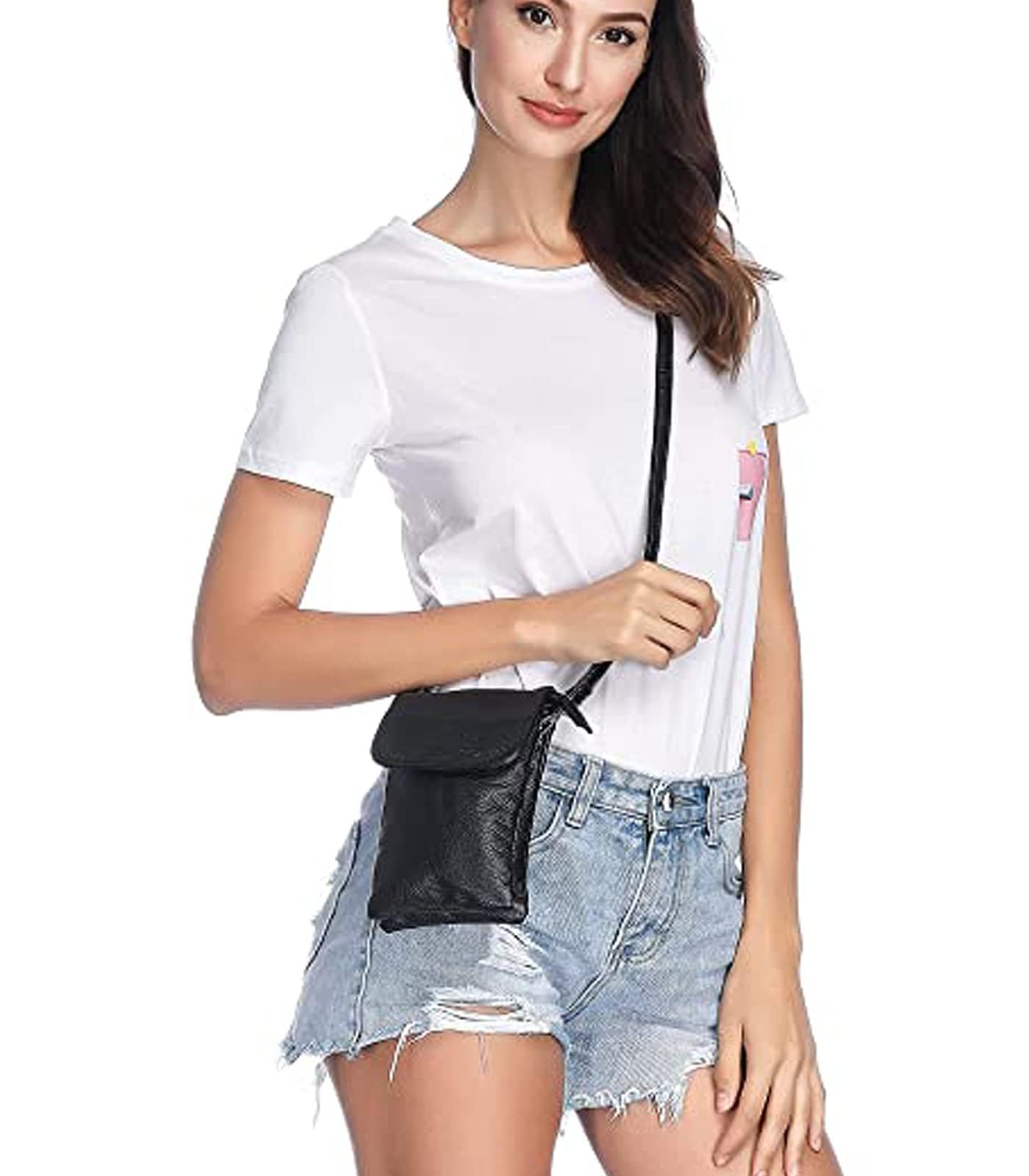 WITERY Leather Crossbody Cell Phone Purse for Women- Black Lightweight Small Cross Body Cell Phone Wallet Pouch Shoulder Bag with Shoulder Strap