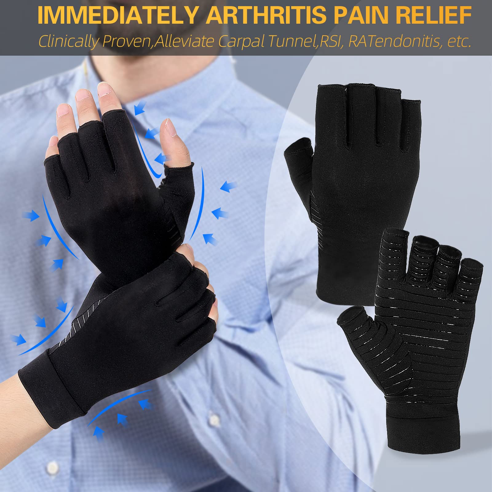 Donfri 2 Pairs Copper Infused Compression Arthritis Gloves, Fingerless Carpal Tunnel Pain Relief Gloves For Men Women, Hand Support Wrist Brace Rheumatoid, Tendonitis, Swelling, Crocheting, Typing (M)