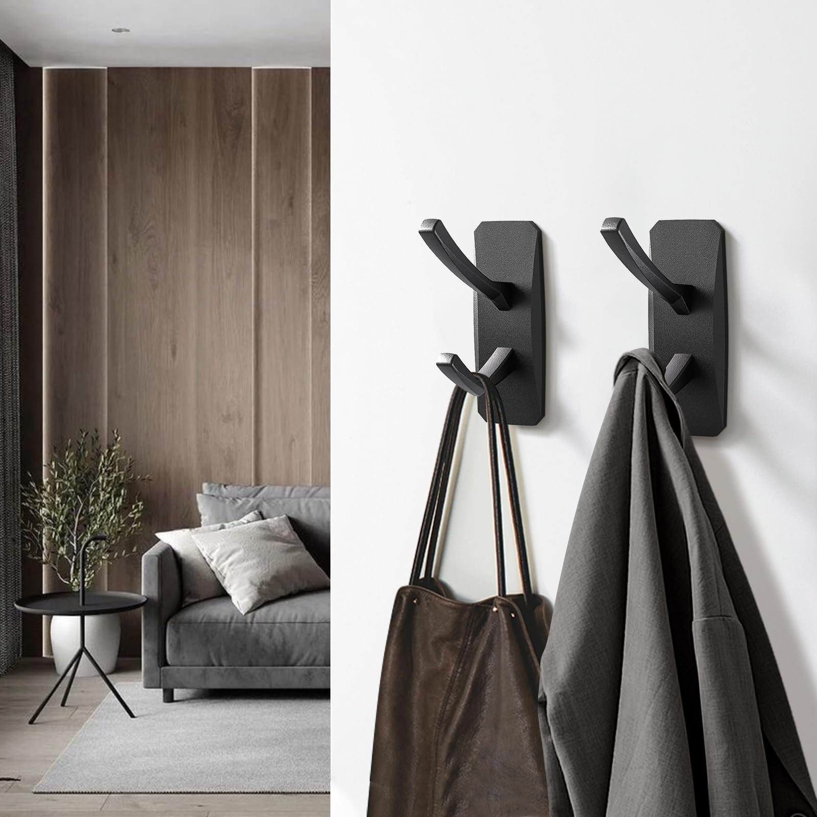 INVIHUG, Large Size Modern Adhesive Wall Hooks, Heavy Duty RV Hooks for Hanging Jacket, Coat, Towel, Robe, Loofah in Bathroom, Kitchen, Rv and Office Wall Mount (2 Packs, Black)