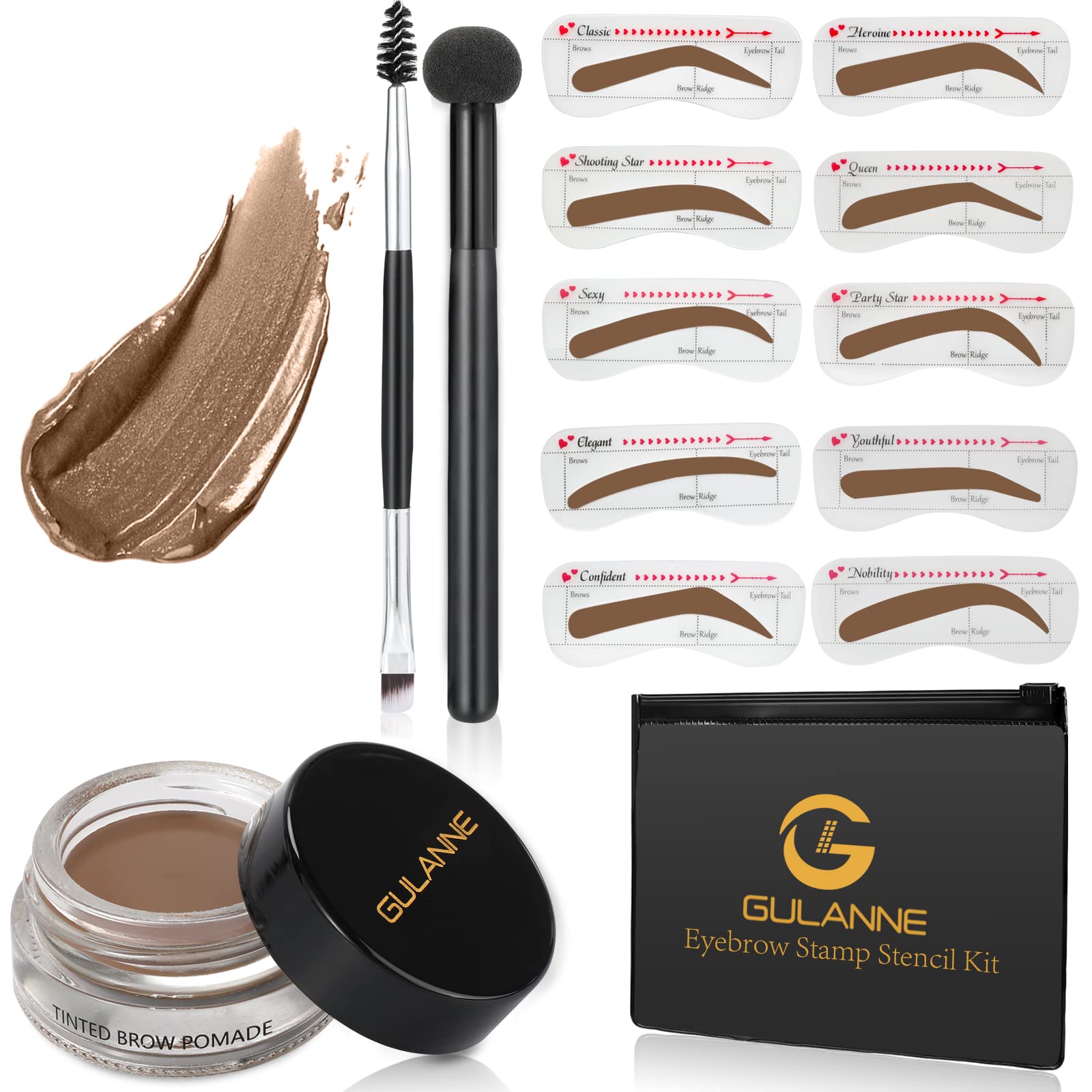 Eyebrow Stamp Stencil Kit for Perfect Bushy Eyebrows,20 Eyebrow Stencils,Brow Stamp Trio Kit with Sponge Applicator,Waterproof Eyebrow Pomade,Dual-ended Eyebrow Brush-Soft Brown