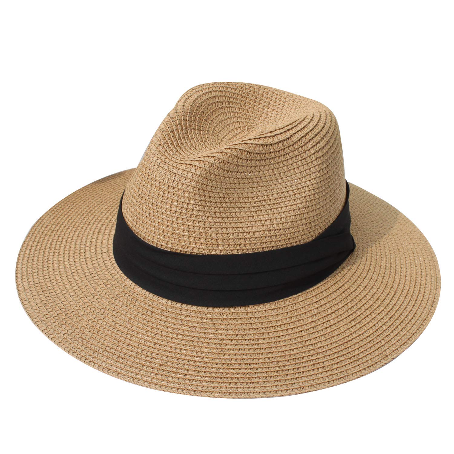 DRESHOW Women Panama Hat Fedora Beach Sun Wide Brim Straw Roll up Hat UPF 50+
