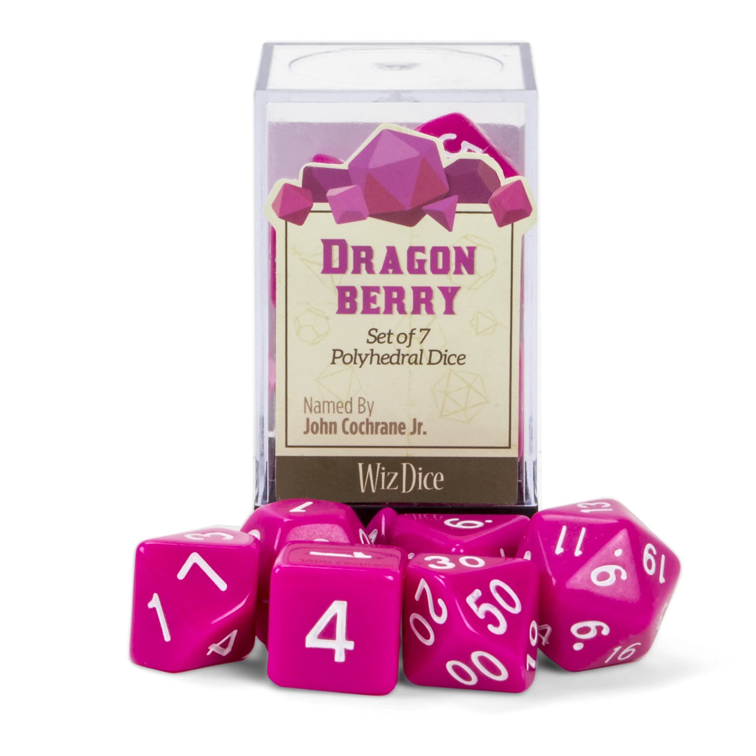 Wiz Dice Dragonberry Set of 7 Polyhedral Dice, Solid Neon Magenta Pink Tabletop RPG Dice with Clear Display Box