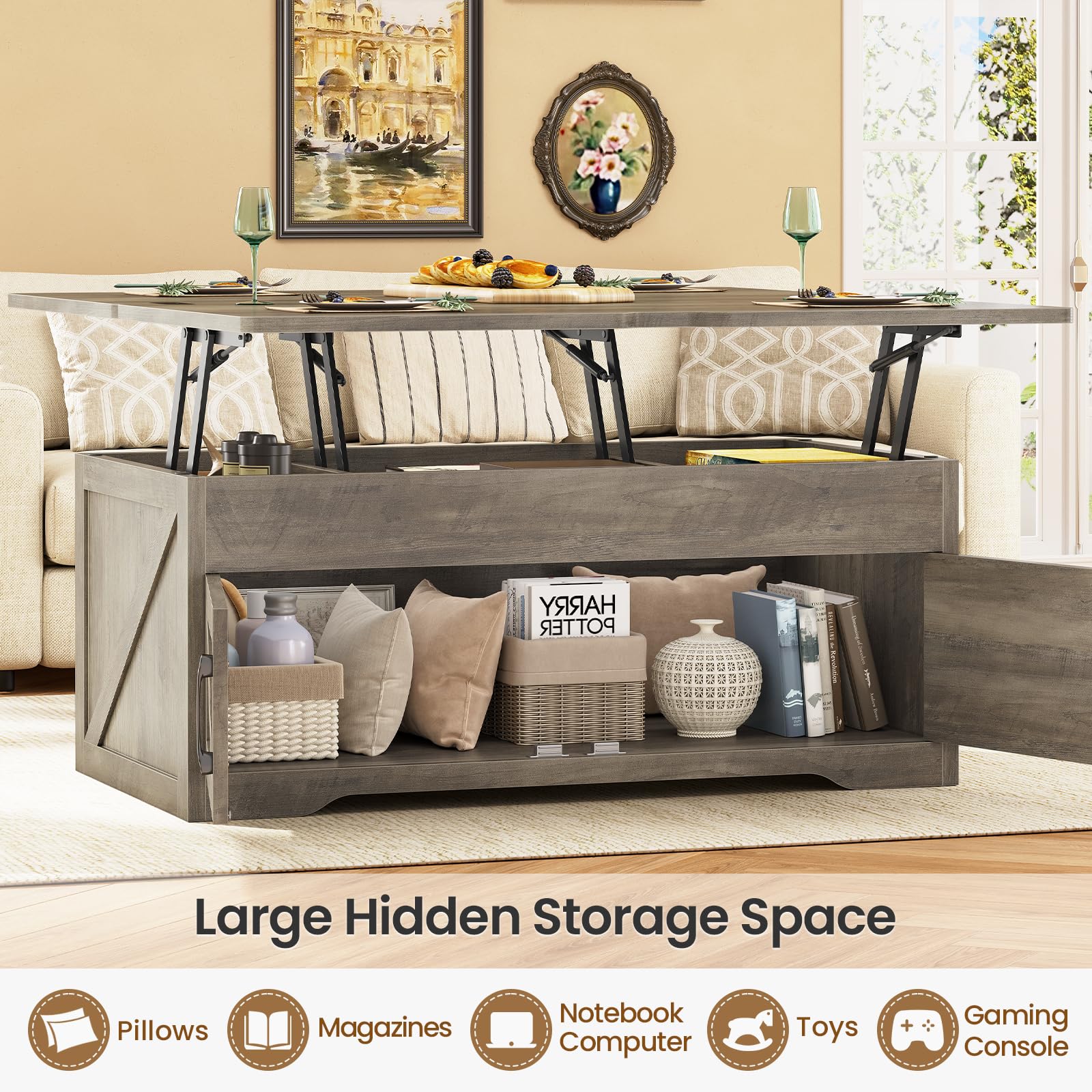 Itaar Farmhouse Coffee Table, Lift Top Coffee Table with Large Hidden Compartment, Rustic Center Table with Barn Door, for Living Room, Office, Grey