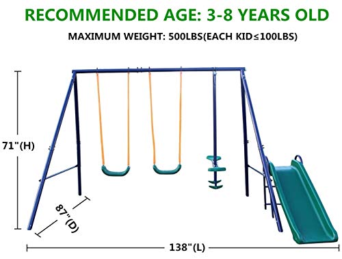WIIS' IDEA Metal Swing Set for Backyard, Swing Set for Kids Toddler Age 3-8, Outdoor Heavy Duty Extra Large Swing Set with 2 Swing Adjustable Swing Seat, 1 Swing Glider, 1 Slide