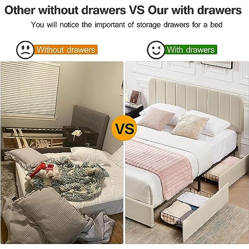 VECELO Full Size Upholstered Bed Frame with 4 Drawers and Adjustable Headboard, Velvet Platform Storage Bedframe Mattress Foundation, Wooden Slats Support, No Box Spring Needed, Beige
