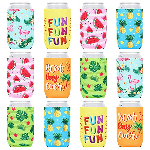Whaline 12Pcs Summer Hawaiian Can Sleeves Reusable Cooler & Insulated Can Sleeves Beer Can Cooler Covers Collapsible Insulator Drink Sleeves for 12oz Beverage Coffee Cans Bottles, 6 Designs