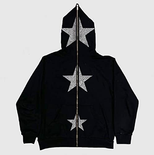 Juakoso Women Y2k Star Print Hoodies Zip Up Oversized Sweatshirts Graphic Hooded Pullover Aesthetic Halloween Jacket Tops