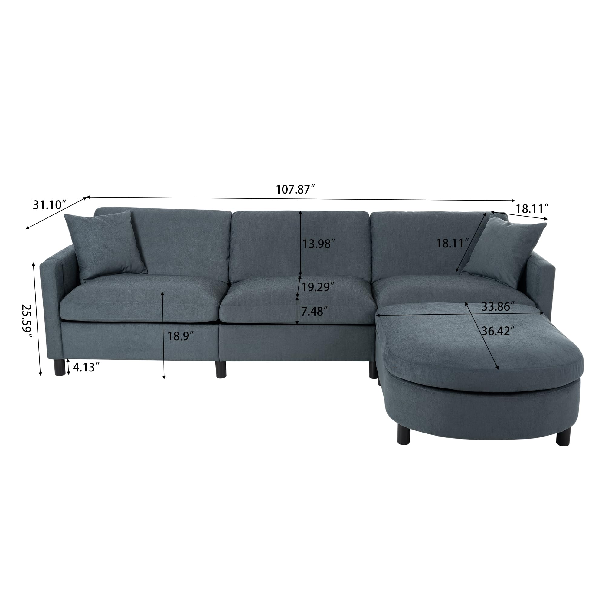 Wrofly L Shaped Modular Sectional Sofa Couch, Comfy Chenille 4 Seat Sofa Set with Convertible Ottoman and 2 Pillows, Modern Deep Seat Cloud Couch for Living Room Office Apartment, 107.9" W (Grey)
