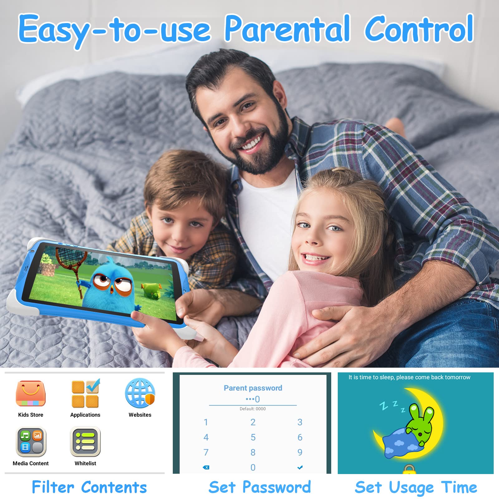 Kids Tablet, 10 Inch Tablet for Kids, Android 12, 2+32GB(SD to 128GB), 1280x800 IPS HD Display, Parental Controls, Kid Contents Educational Tablet, Dual Camera, Shockproof Case with Stand, Blue