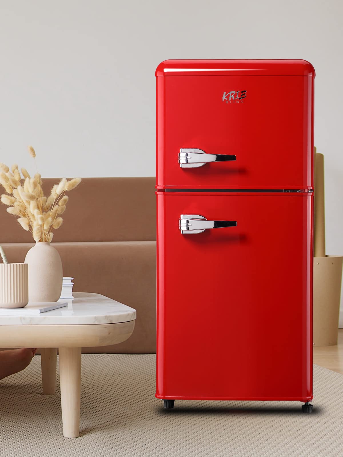 KRIB BLING 3.5 Cu.Ft Refrigerator with Freezer Double Door 7 Level Adjustable Thermostat for Dorm, Bar, Office,Kitchen, Apartment Red (KB02 FLS-80G-RED)
