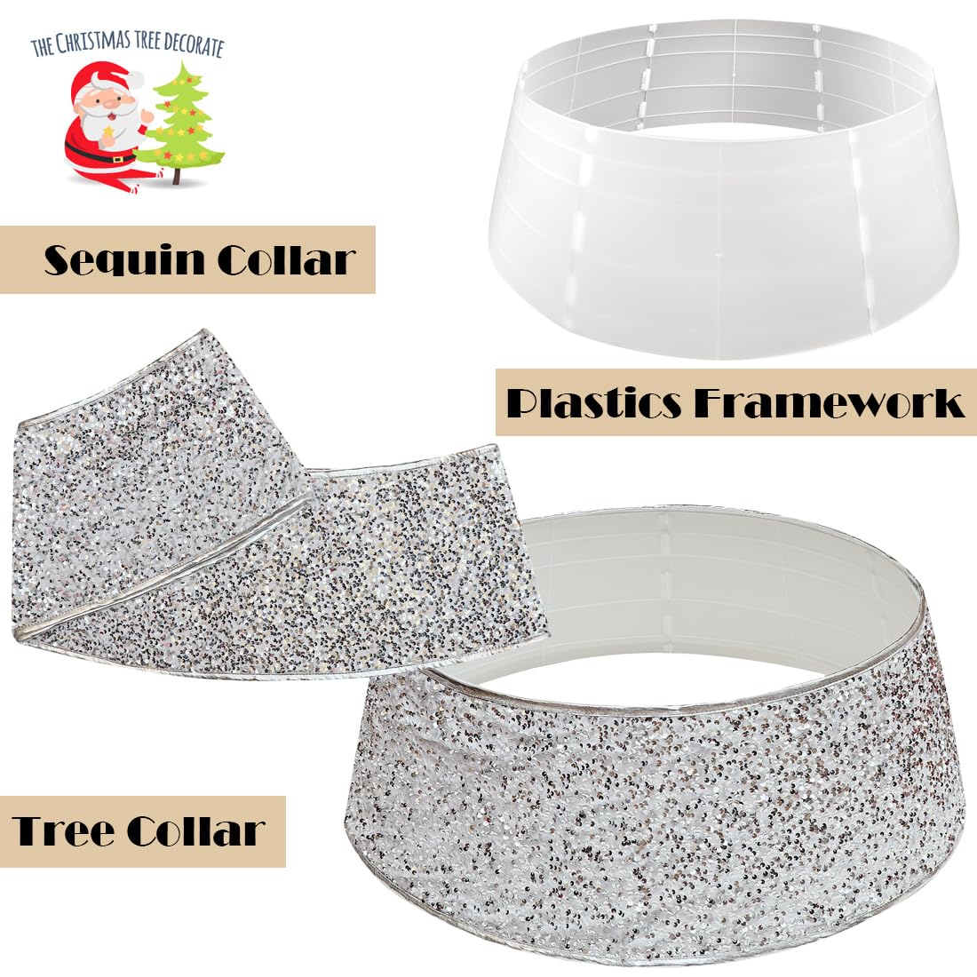 EDLDECCO Christmas Tree Collar 30 Inches Base Sequin Buffalo Check Tree Skirt Ring Plastics Sheets with Collar Cover Holiday Home Party Decor Ornaments (Silver)