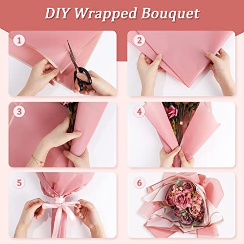 Whaline 30 Sheet Floral Wrapping Paper Folded Flat Pink Black White Waterproof Flowers Bouquet Packaging Paper with Rose Gold Border Double Sided Florist Packaging Paper for Wedding Birthday Flower Shop DIY Craft