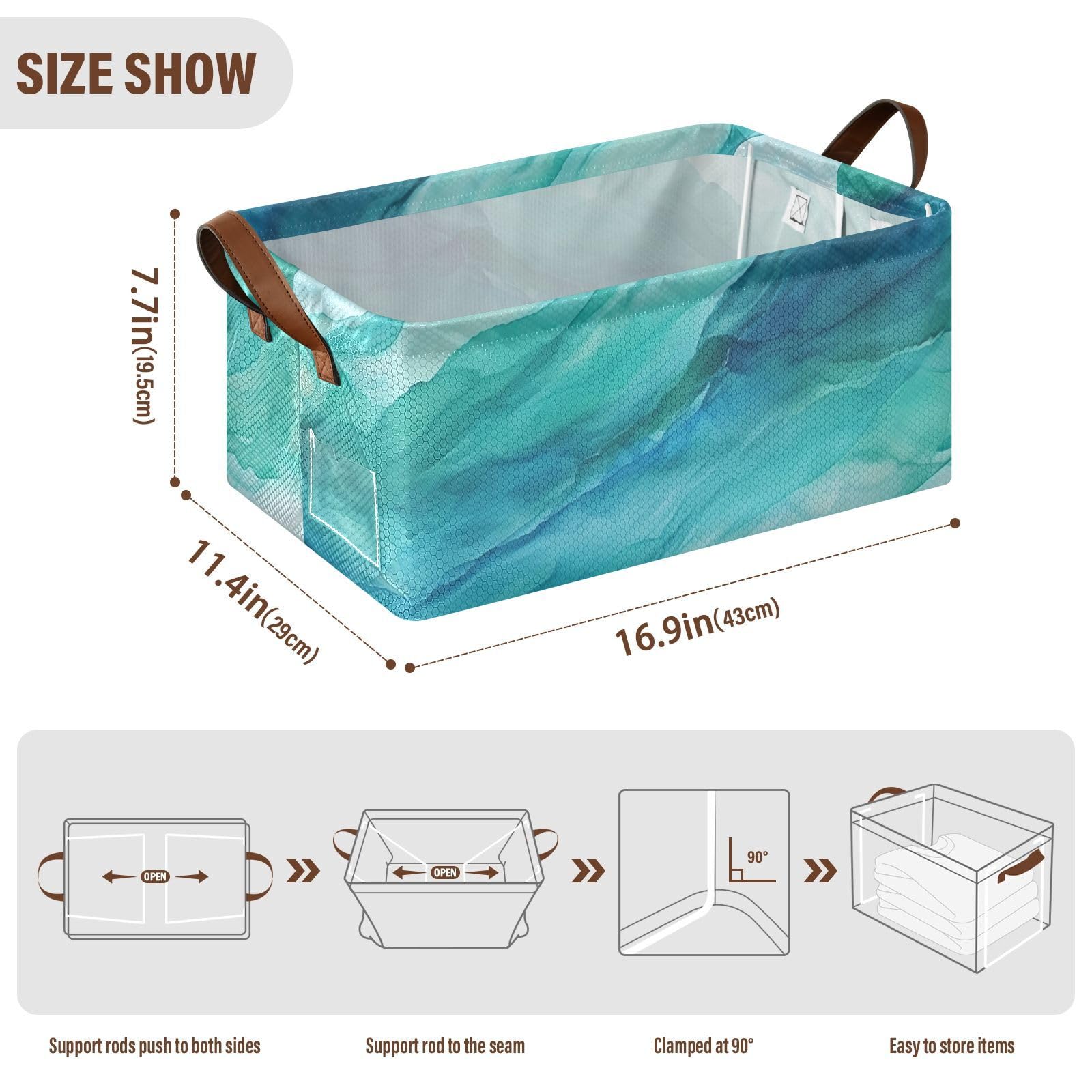 NFMILI Storage Basket Blue Teal Marble Print Storage Bins with Steel Frame,Foldable Storage Cube with Handles 1 Pack