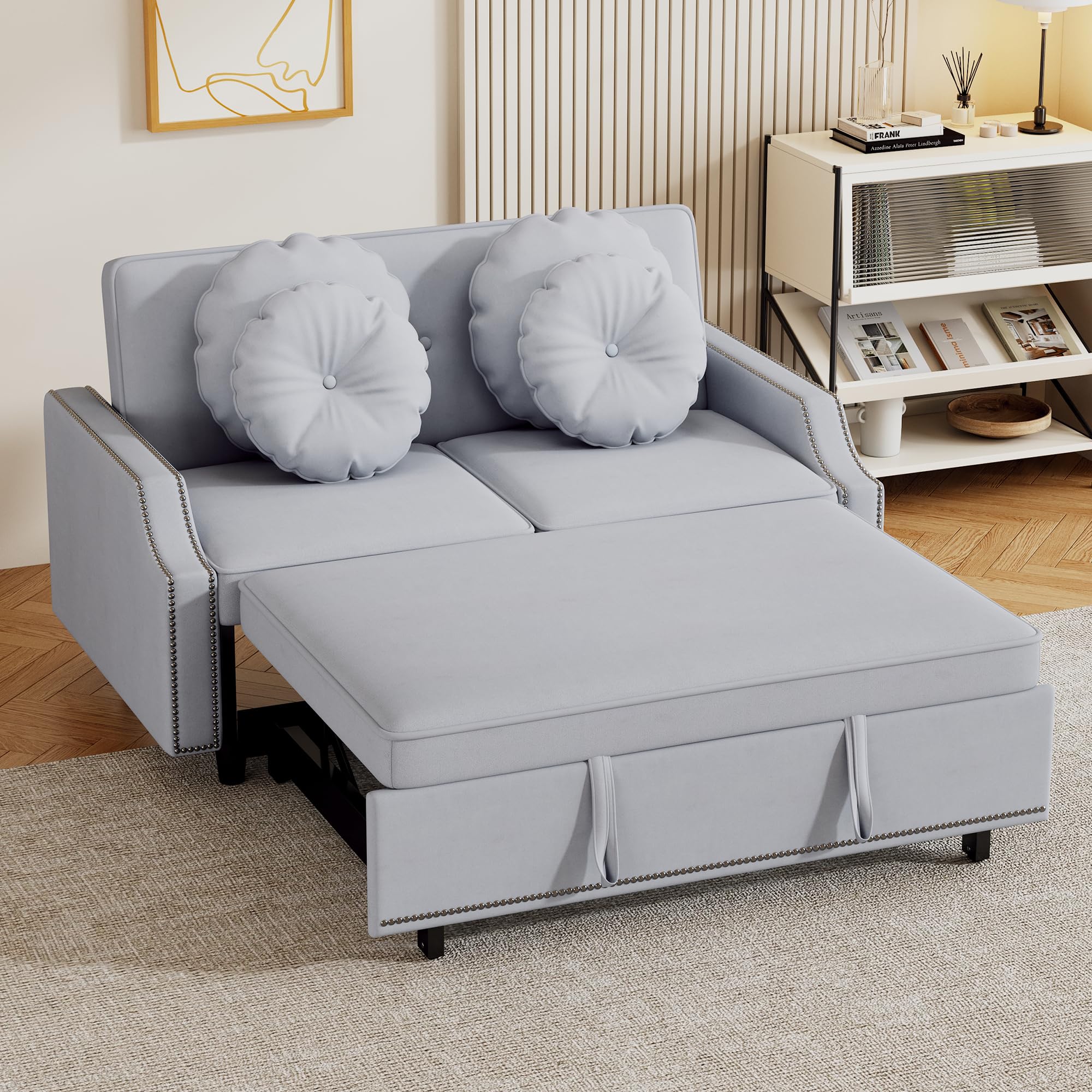Merax Pull-Out Sofa Bed with a Button Tufted Adjustable Backrest and 4 Lumbar Pillows, 2 Seat Loveseat Lounge with USB Ports, 3 in 1 Convertible Sleeper Couch for Living Room, 54.7", Coffee