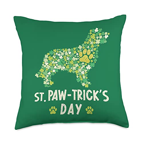 Lucky Green Four Leaf Clover Dog Owners Vintage Funny St Patrick's Day Golden Retriever Shamrock Dog Paw Fun Throw Pillow, 18x18, Multicolor