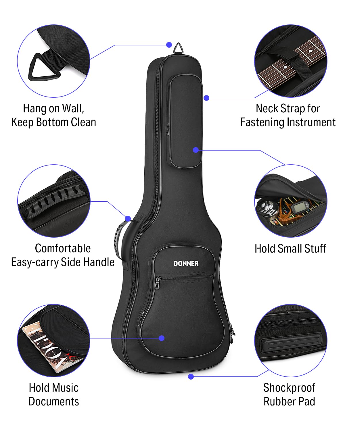 Donner 39 inch Electric Guitar Bag Gig Bag, 0.4 Inch Padded Sponge 600D Ripstop Waterproof Nylon Dustproof Soft Electric Guitar Case Adjustable Strap Black