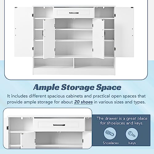 Modern Shoe Cabinet with Adjustable Shelves and Sturdy Top Surface, Wood Sideboard with 1 Drawers, Multifunctional Storage Cabinet for Entrance Corridor Bedroom (White + Particle Board-035)