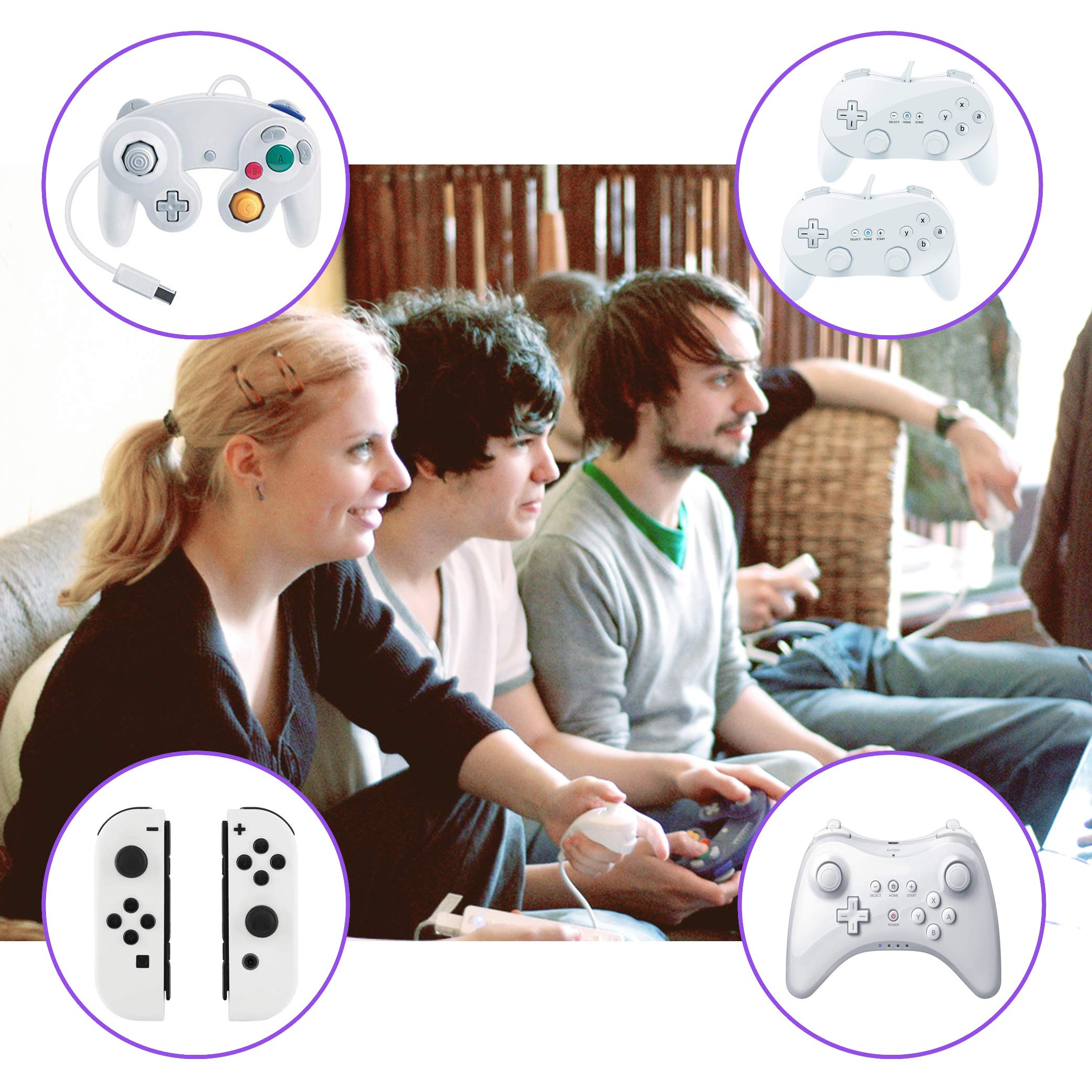 Edorco 4 Pack Gamecube Controller Bundle with 4 Extension Cords and a 4-Port Adapter for Nintendo Wii U/Switch/PC(Black)