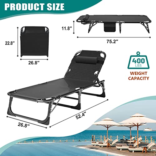 DoCred Folding Lounge Chair with Mattress, 4 Position Adjustable Folding Sleeping Bed Cot Chaise Lounge Chairs Perfect for Sunbathing, Camping, Pool, Beach, Patio