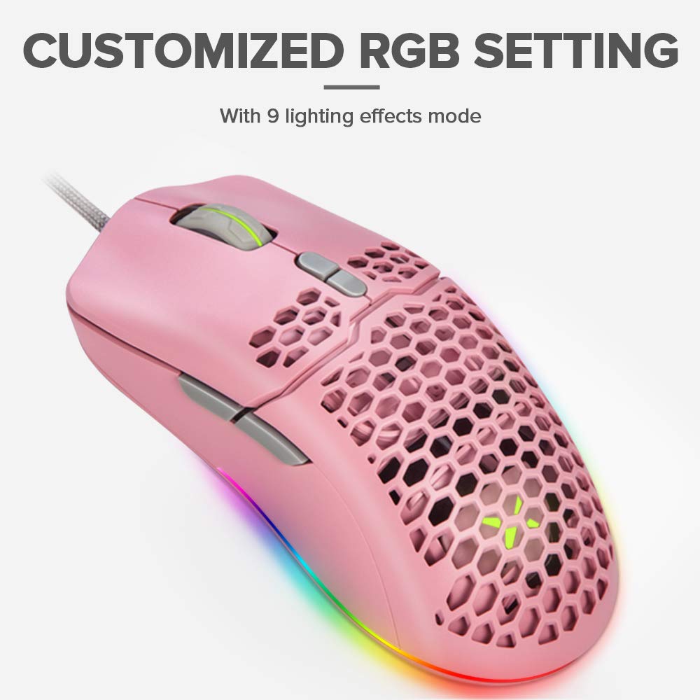 DeLUX 67G (2.36oz) Wired Lightweight Gaming Mouse with 7200DPI, RGB Backlit and 7 Programmable Buttons, Honeycomb Shell Gaming Optical Mouse for PC Computer Laptop(M700BU(A725)(Pink))