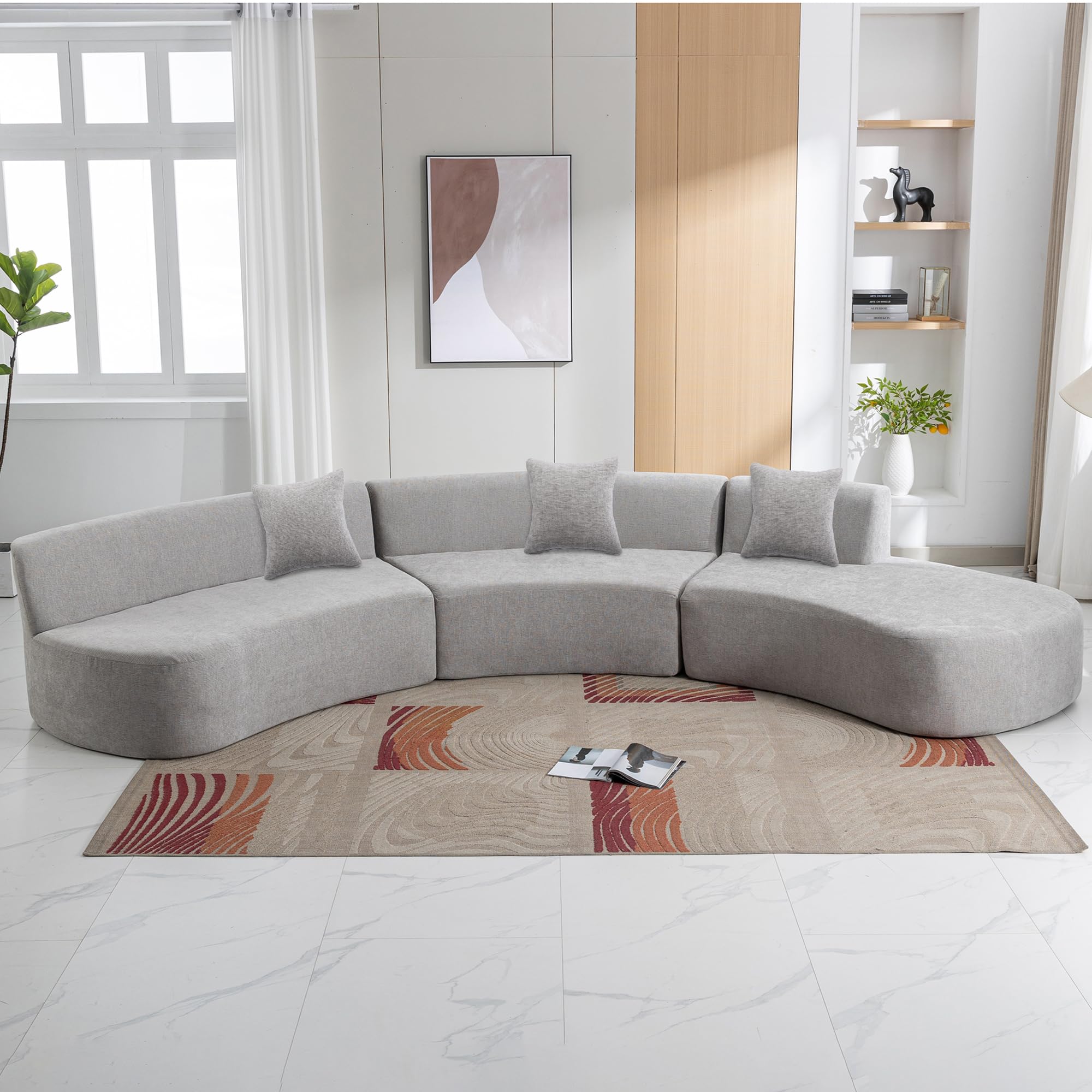 Merax Stylish Curved Sectional Sofa with Three Throw Pillows, Chenille Upholstered Modular Sleeper Couch for Living Room, Bedroom, Guest Rooms, No Assembly Required, Grey