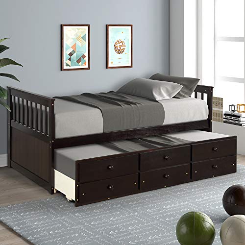 UBGO 3-in-1 Twin Sofa Bed, Wooden Furniture Set with Rollers and 3 Storage Drawers, Captain Sofa Bed Frame for Boys Girls Small Space Bedrooms, Espresso