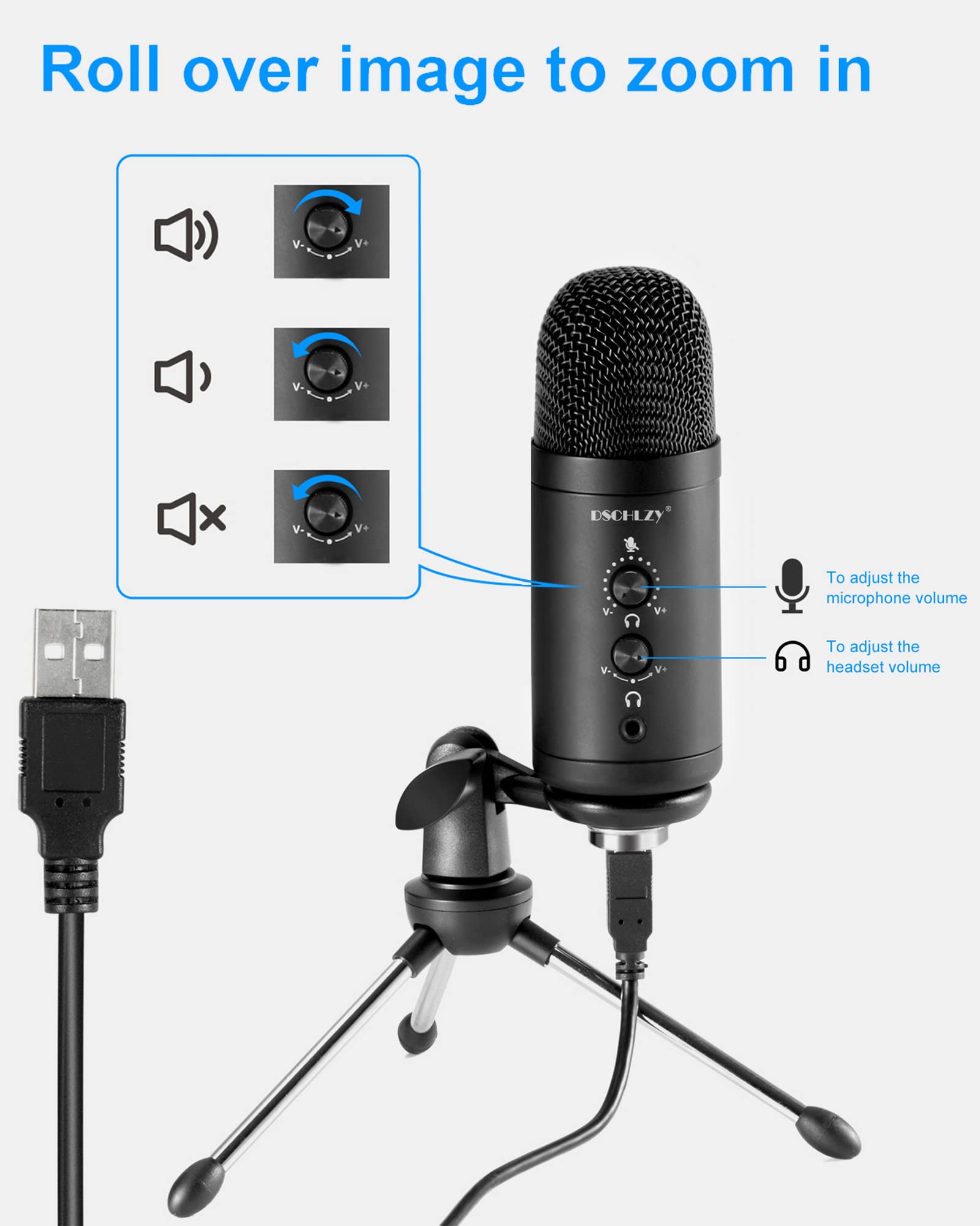 DSCHLZY USB Streaming Podcast PC Microphone - Professional Studio Vocal Recording Computer Cardioid Condenser Mic with Tripod Stand for Singing Skype Voice YouTube Discord Twitch Podcasts Videos
