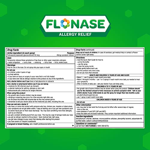 Flonase Allergy Relief Nasal Spray, 24 Hour Non Drowsy Allergy Medicine, Metered Nasal Spray - 144 Sprays- Fall and Seasonal Allergy Relief