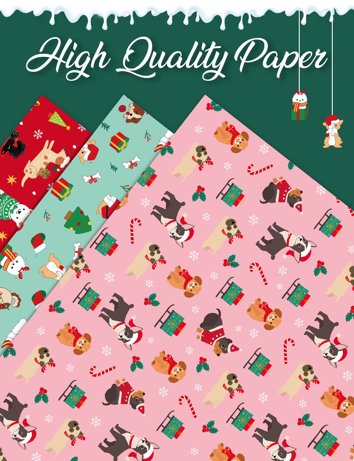 Dog Christmas Wrapping Paper - 10 Sheets, 27 x 20 inches, Holiday Gift Wrap with Puppy and Animal Prints