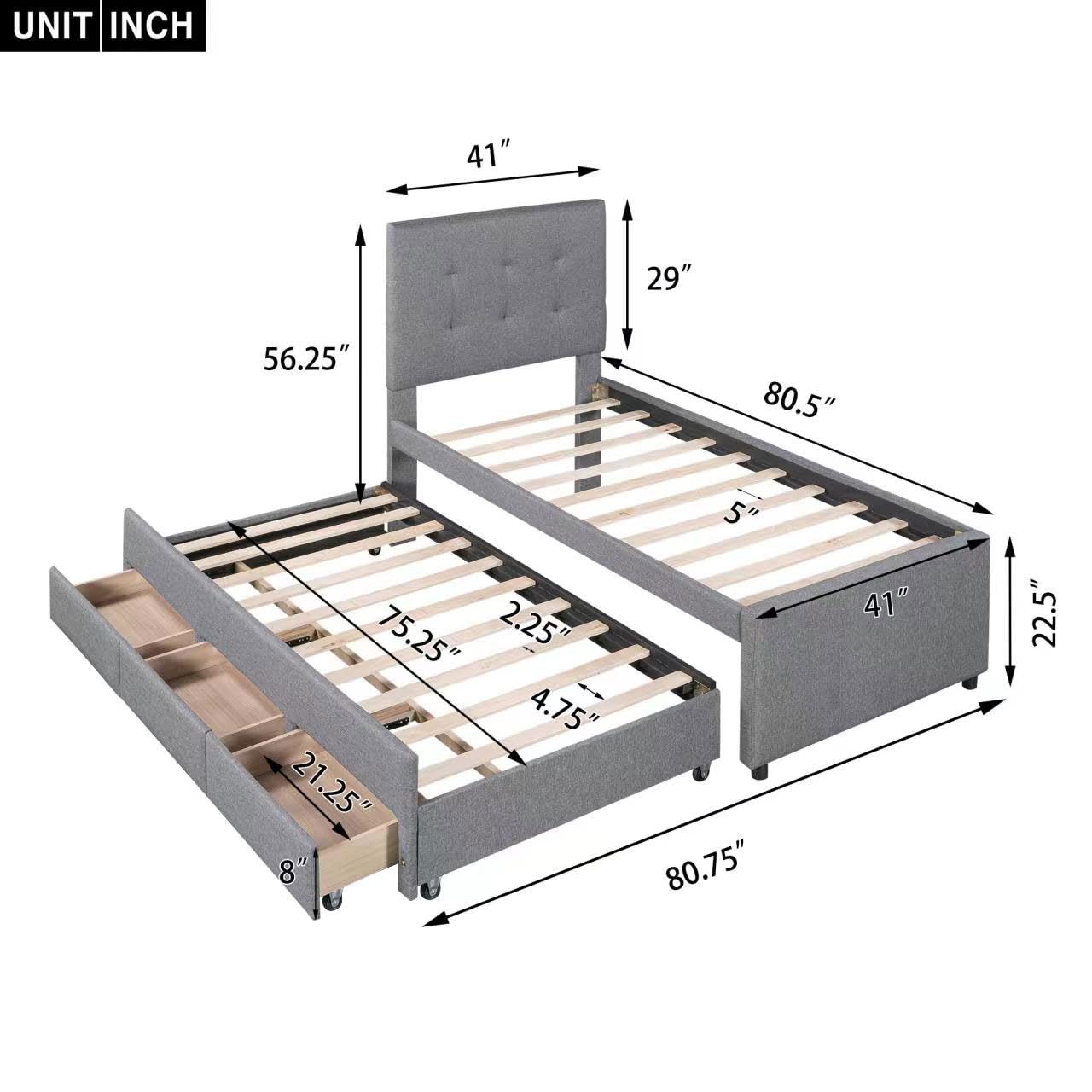 DNYN Upholstered Twin Size Platform Bed with Trundle & 3 Drawers for Kids Bedroom,Solid Wood Bedframe w/Storage & Headboard,No Box Spring Needed & Super Save Space,80.5" L x 80.75" W x 56.25" H, Gray