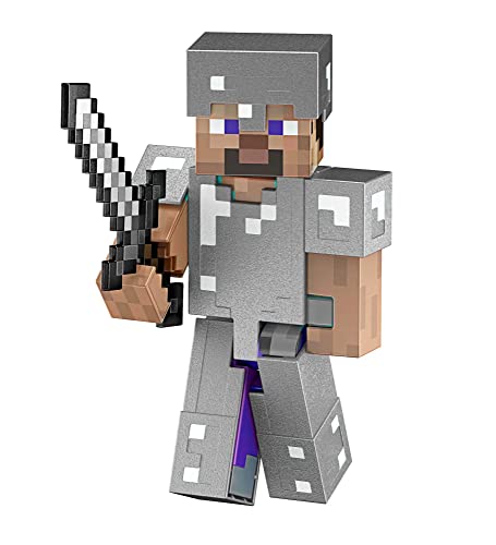 Mattel Minecraft Diamond Level Steve Action Figure & Die-Cast Accessories, Collectible Toy Inspired by Video Game, 5.5 Inch
