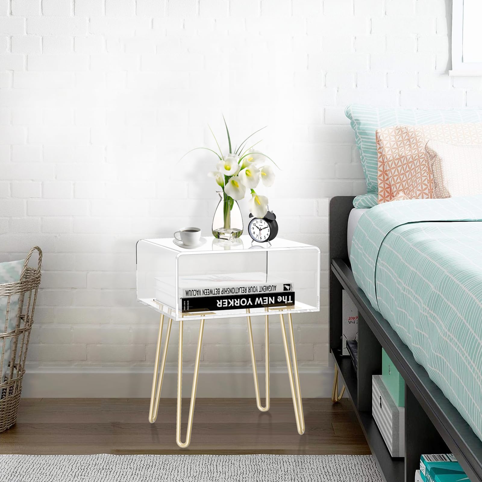 KSacry Small Acrylic Nightstand with Metal Legs-23.4‘ H Bedside Table for Small Spaces for Bedroom, Easy Assembly, Modern, Clear & Gold(17.5'' L x 14.9'' W x 23.4'' H)