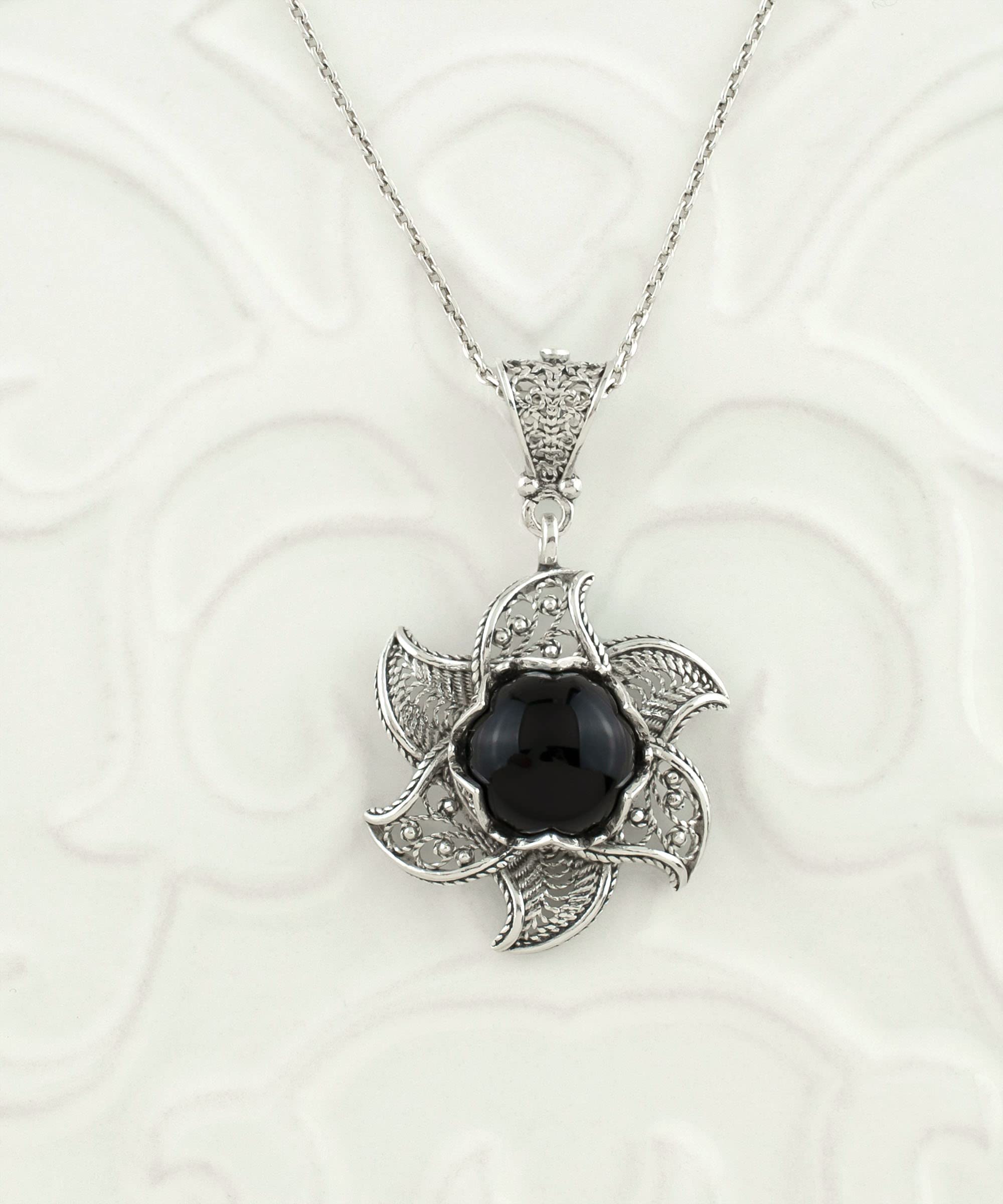 Filigranist 925 Sterling Silver Filigree Art 3D Lotus Flower Women Pendant Necklace with Gemstones (Black Onyx)