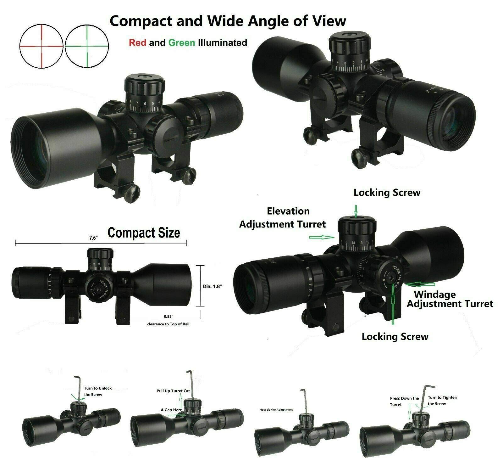 DB TAC INC Compact 3-9x42 Red and Green Color Illuminated Scope Come with Picatinny/Weaver Mount Rings