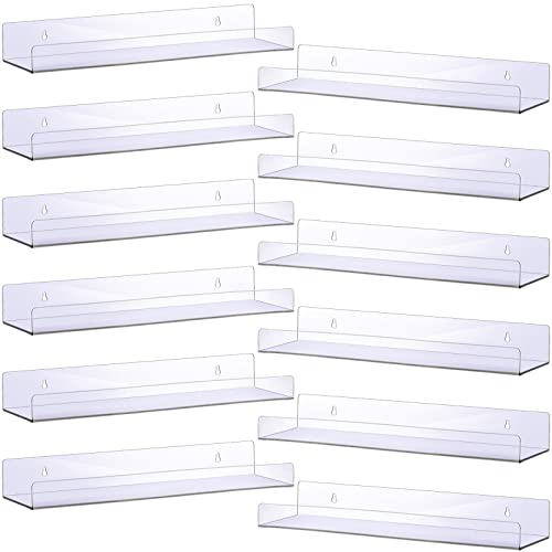 Hoteam 12 Pack Acrylic Floating Shelves 4 Inch Wide Invisible Kids Bookshelf Clear Acrylic Ledge Wall Mounted Storage Shelf Transparent Spice Rack Display Organizer for Books Photos 15 x 4 x 2''