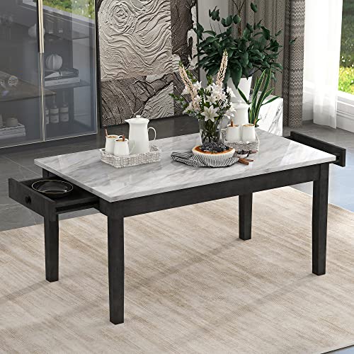RUNWON Luxury 7-Piece Set-Faux Marble Top Table with 2 Drawers and 6 Comfortable PU Leather Chairs-Elevate Your Home Dining Experience, Black