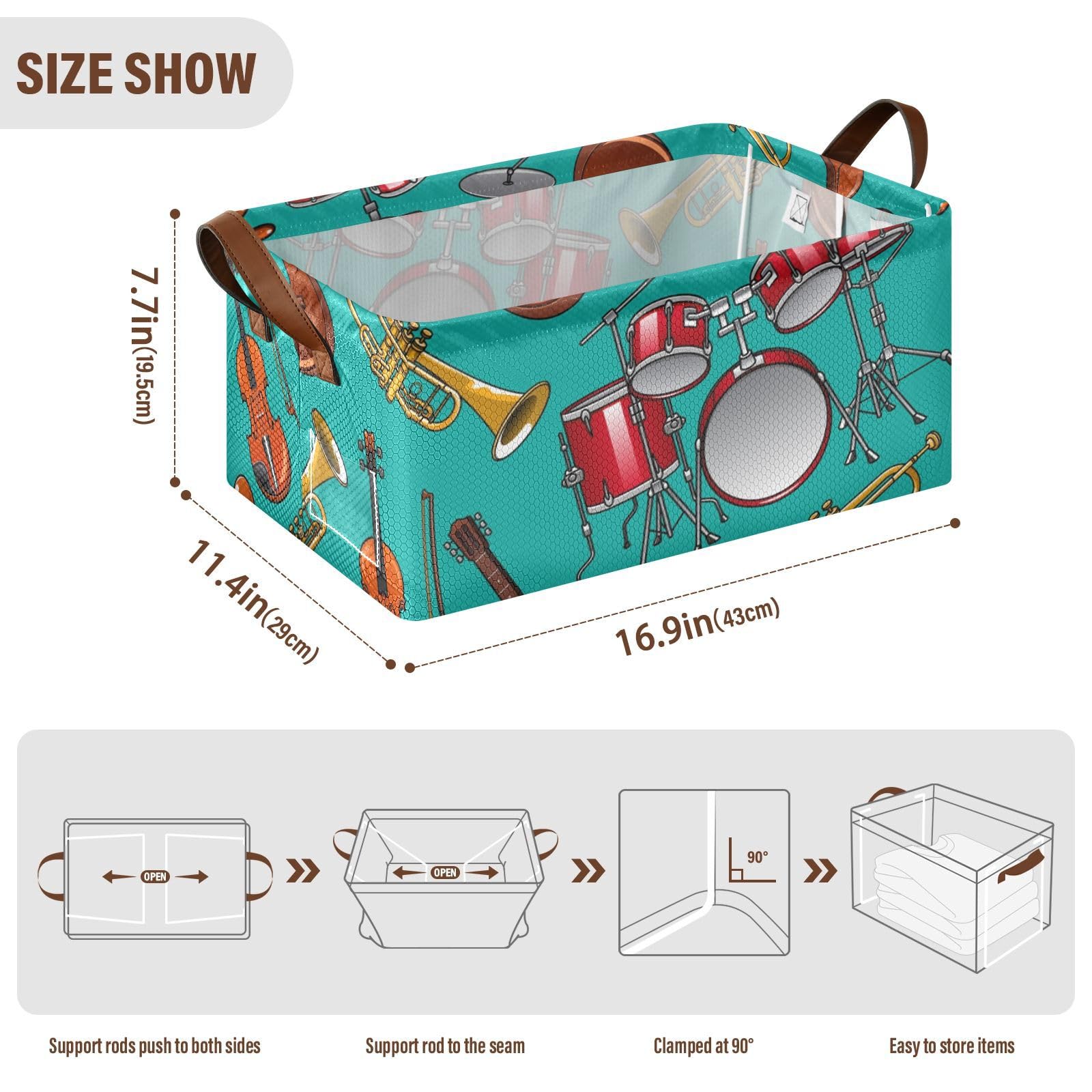 NFMILI Storage Basket Musical Instruments Print Storage Bins with Steel Frame,Foldable Storage Cube with Handles 1 Pack