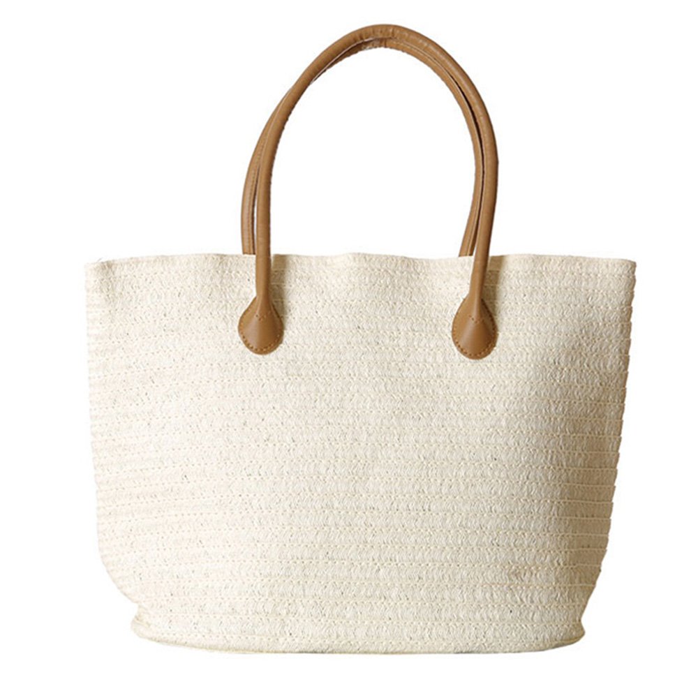 Women's Classic Straw Summer Beach Shoulder Bag Handbag Tote With PU Leather Straps Handmade Purse, White, Medium