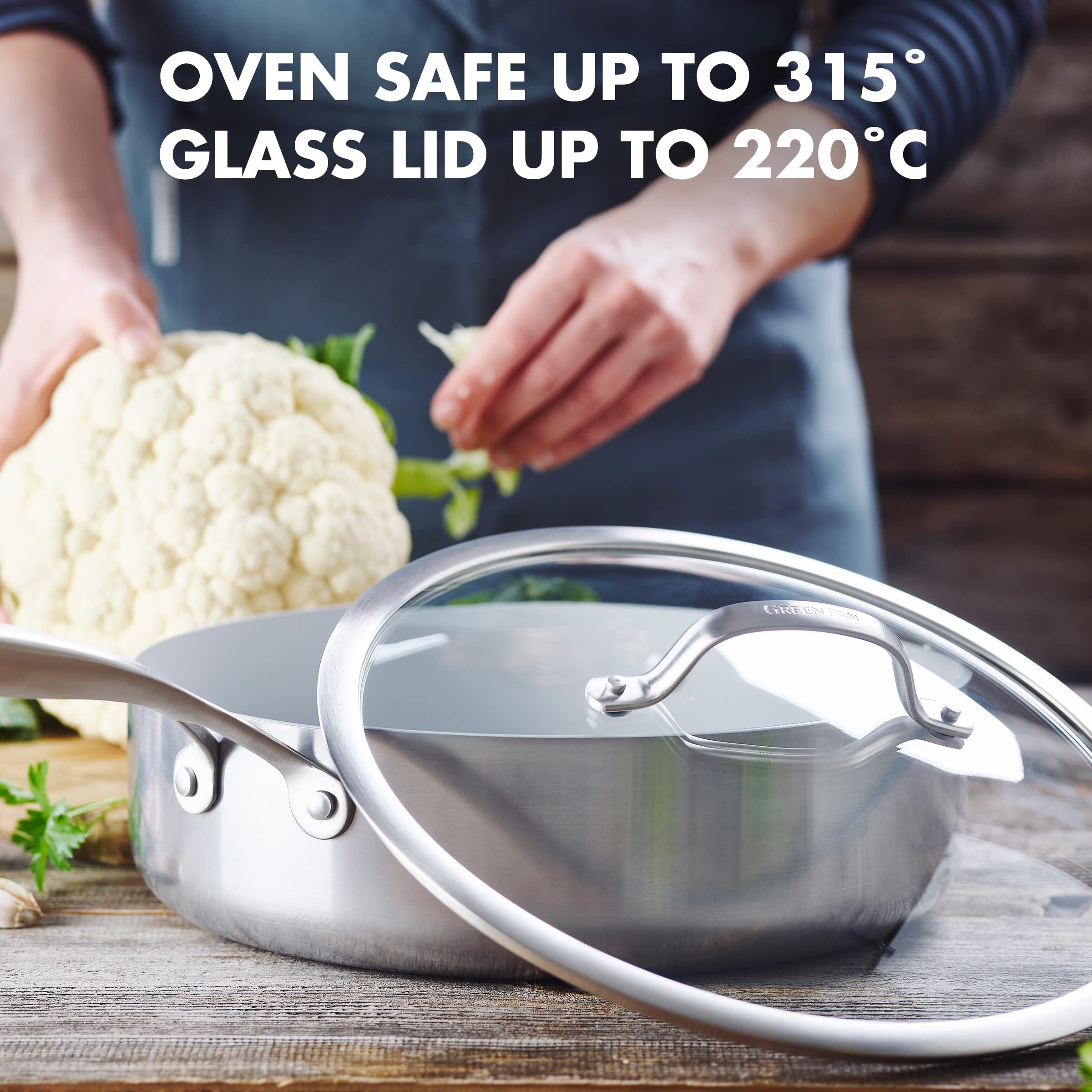 GreenPan Venice Pro Tri-Ply Stainless Steel Healthy Ceramic Nonstick 5QT Saute Pan Jumbo Cooker with Helper Handle and Lid, PFAS-Free, Multi Clad, Induction, Dishwasher Safe, Oven Safe, Silver