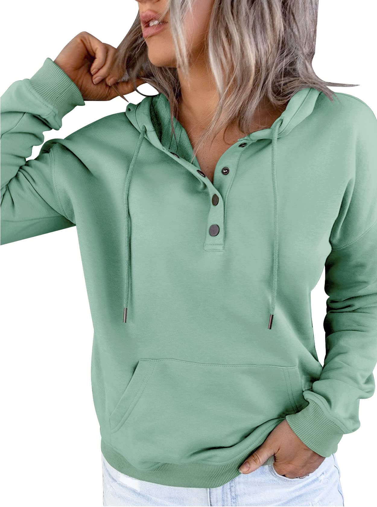 Dbtanjy Women's Hoodies Long Sleeve Tunic Tops Pullover Button up Blouse with Pocket (X-Large, Cyan-blue, x_l)