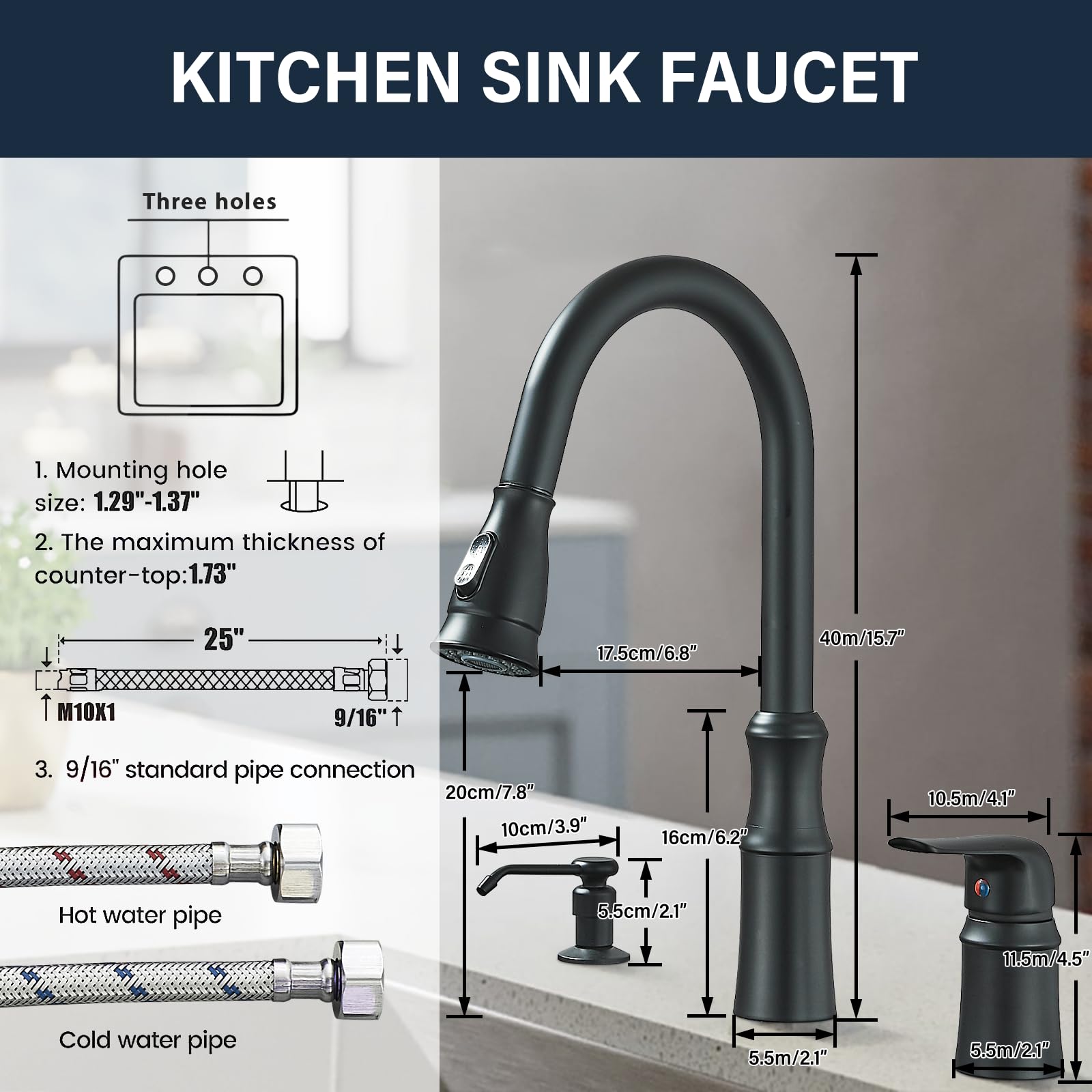 Kitchen Sink Faucet,3 Hole Kitchen Faucets with Pull Down Sprayer,Kitchen Faucets with Soap Dispenser Oulantron 2 Hole High Arc Kitchen Faucet Matte Black (Brushed Nickel)