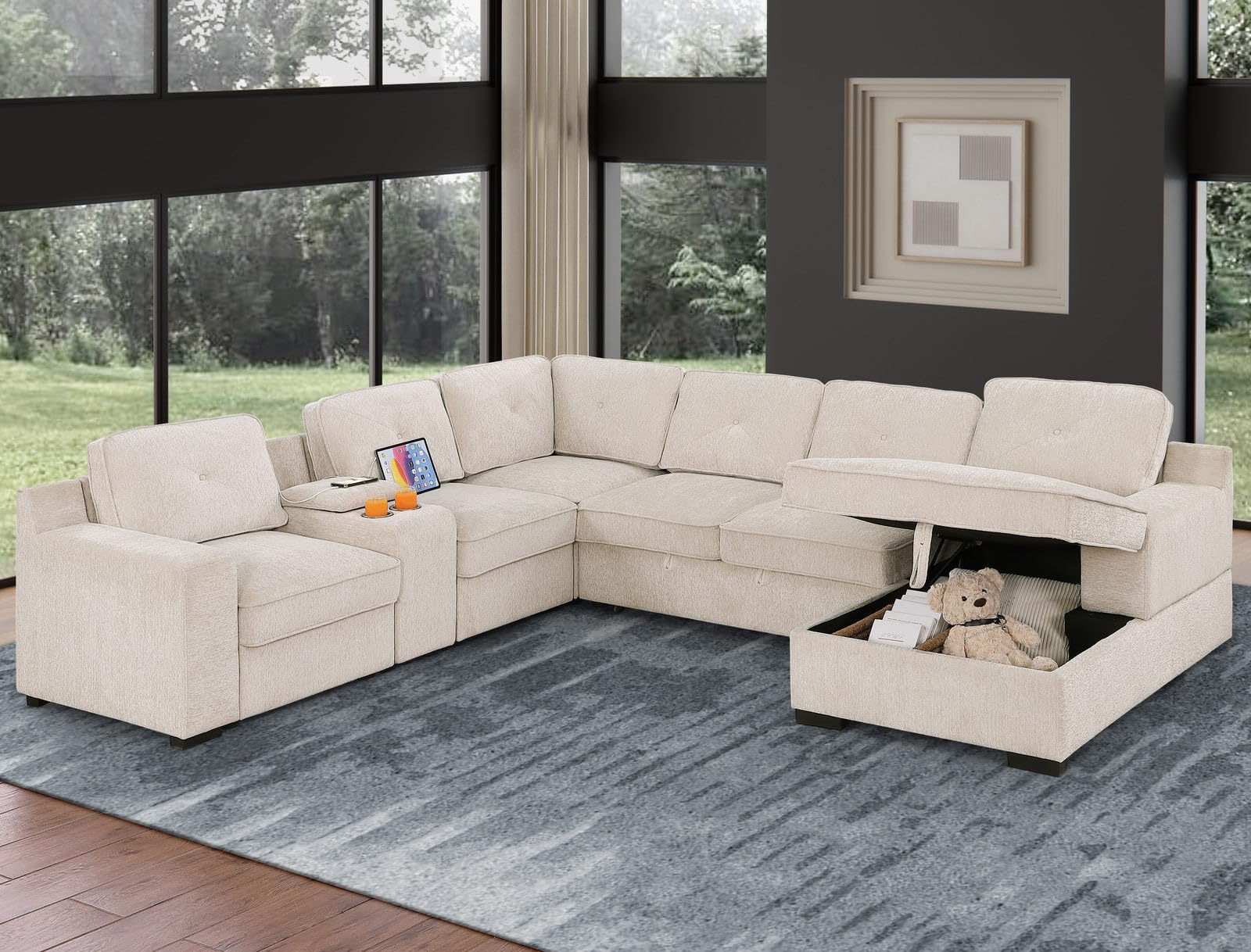 MODCART 102Inch Modern Velvet Sofa with 4 Throw Pillows & Ottoman, L-Shaped Upholstered Couches w/Buttoned Design and Silver Legs, for Living Room, Bedroom, Office