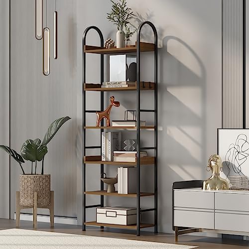 SmallCock Tall Bookshelf, 6-Tier Shelves with Round Top Frame, MDF Boards, Adjustable Foot Pads (Brown)