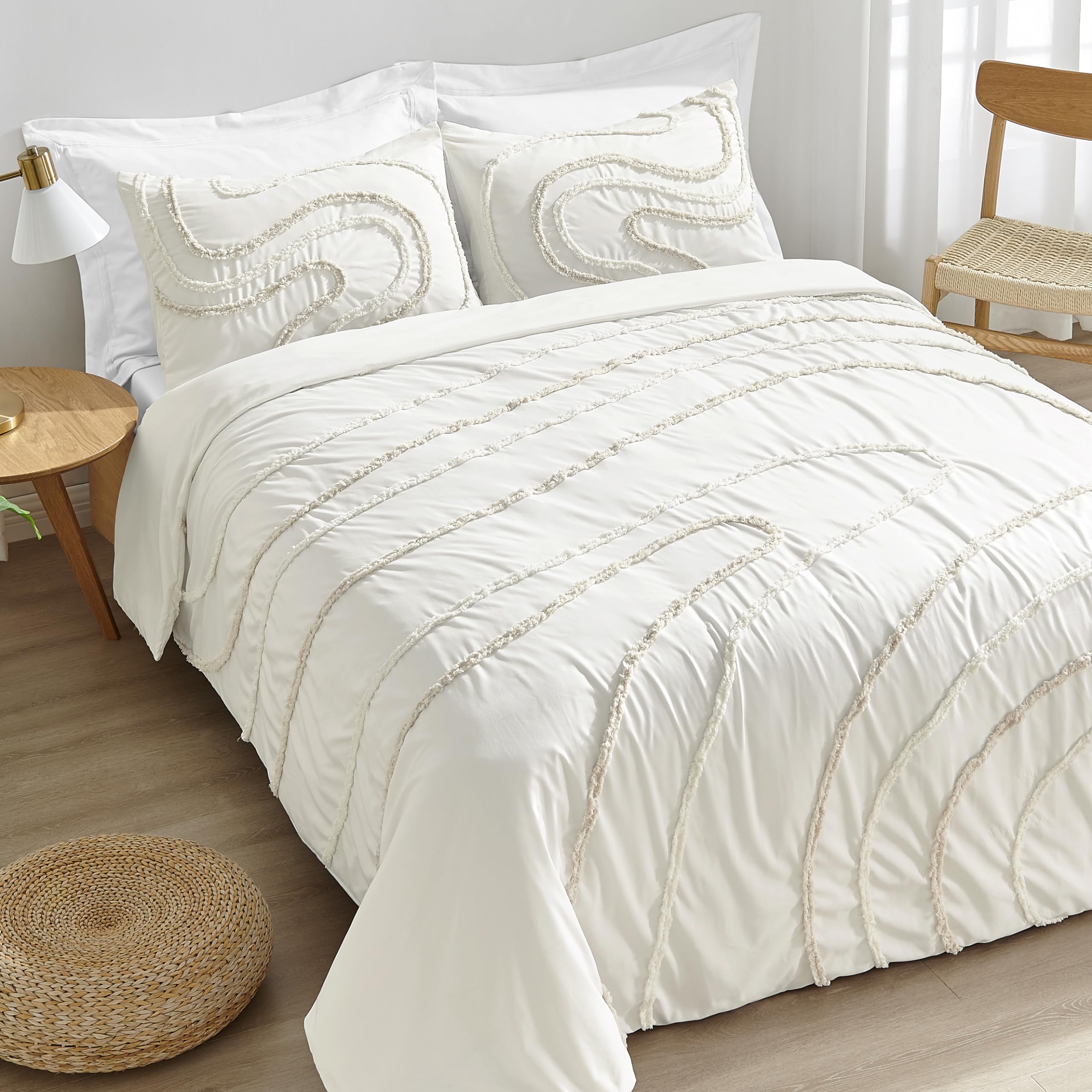 Sweet Jojo Designs Boho Tufted Swirl Queen Duvet Cover Bedding Set Full Size Bed Comforter Case Shams 3pc - Neutral Ivory Taupe Bohemian Pattern Geometric Cream Off White Abstract Unisex