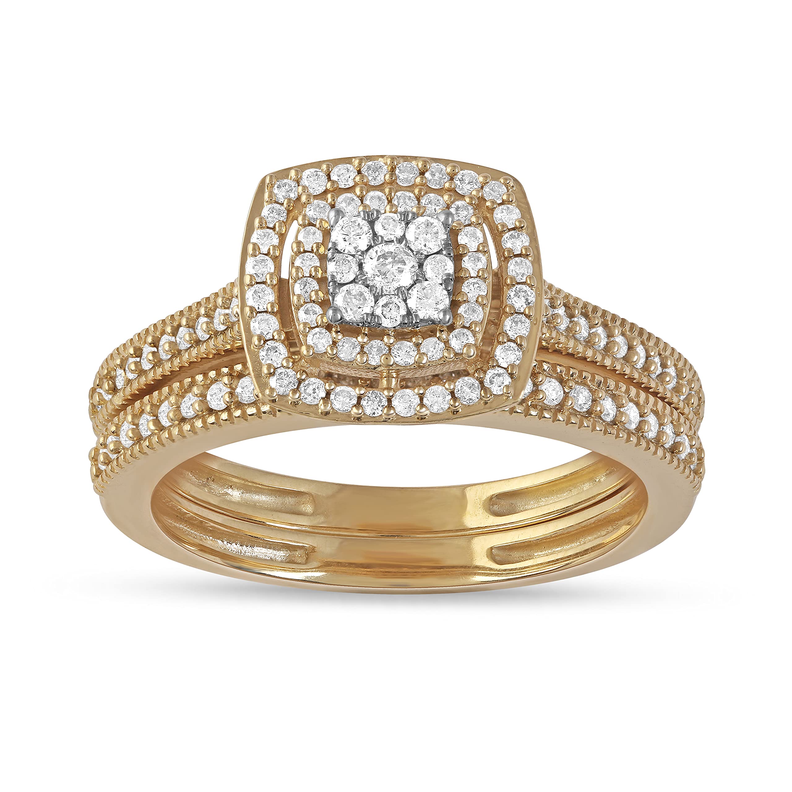DZON IGI Certified 10k Yellow Gold 1/3CT TDW Round Cut Diamond Double Cushion Frame Cluster Bridal Jewelry Set Love Gift for Women (I-J,I2)
