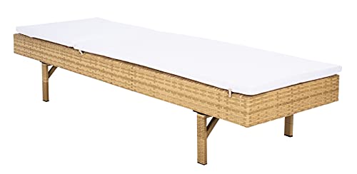 SAFAVIEH Outdoor Collection Cam Natural Brown Wicker/White Cushion Adjustable Chaise Lounge Chair, Black/Beige (PAT7501D)